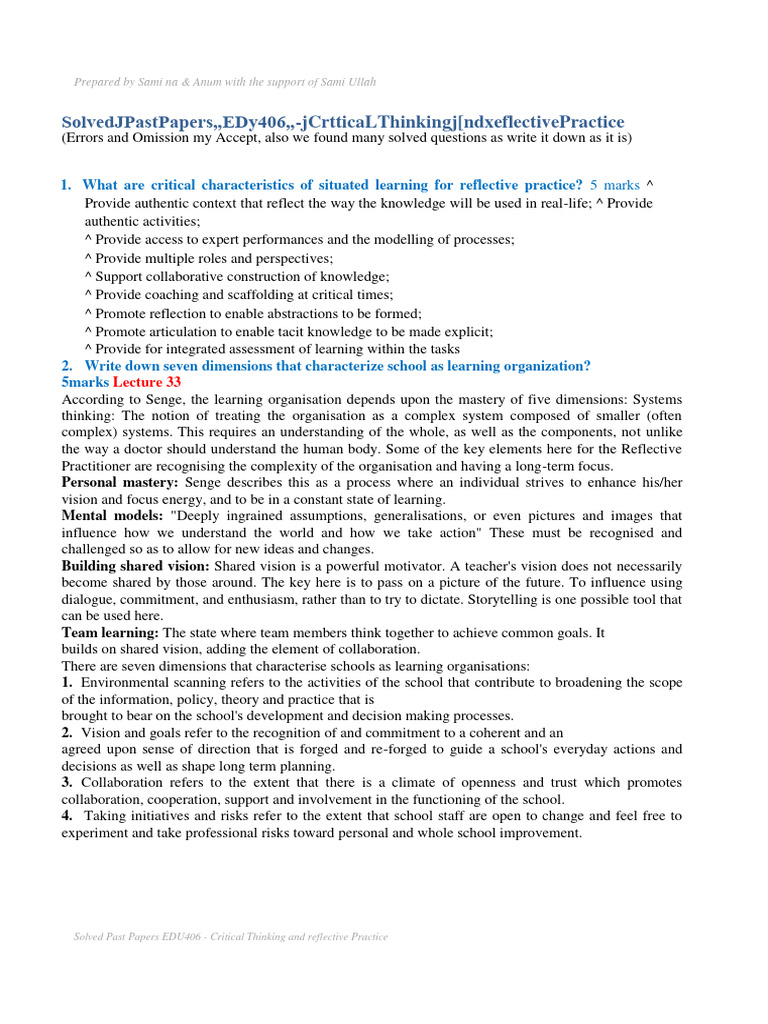 Edu406-Solved-Past-Final-Term-Papers - PDF Version 1 | PDF | Reflective ...