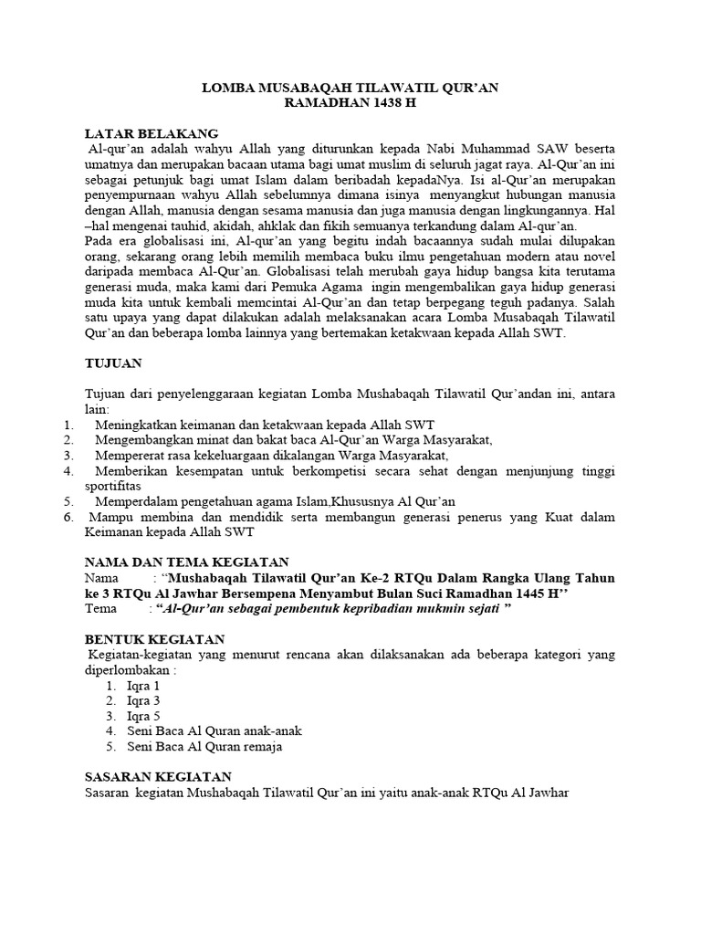 Proposal MTQ Al Jawhar 2024 | PDF