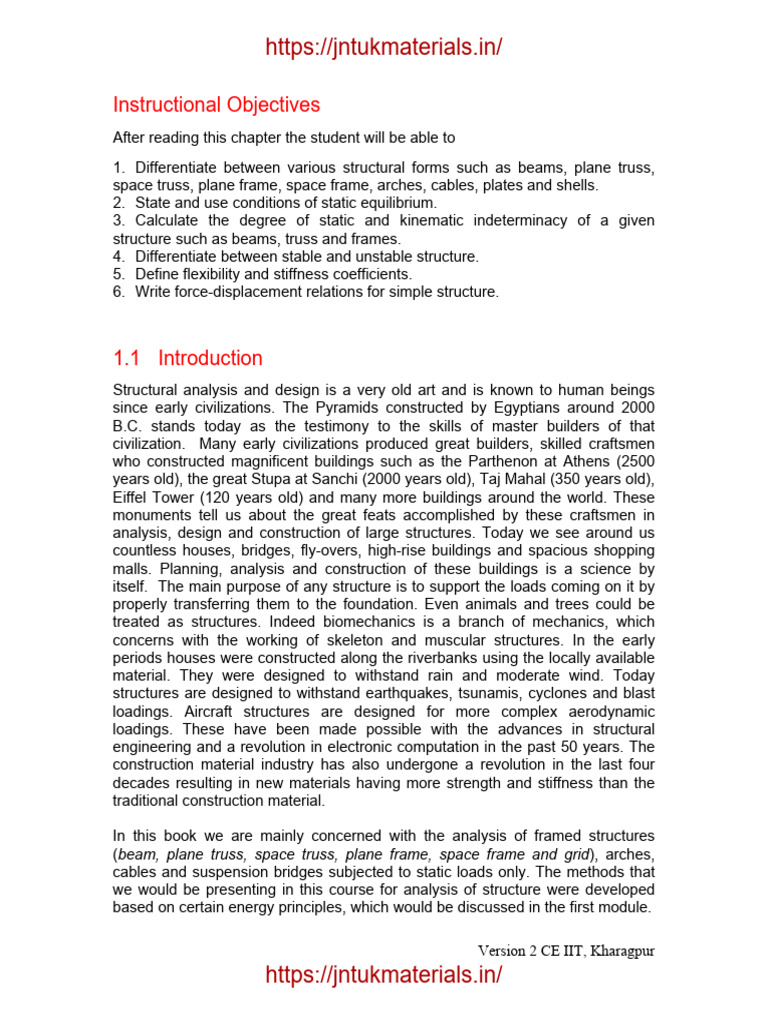 Structural Analysis R19 - UNIT-1 | PDF | Truss | Bending