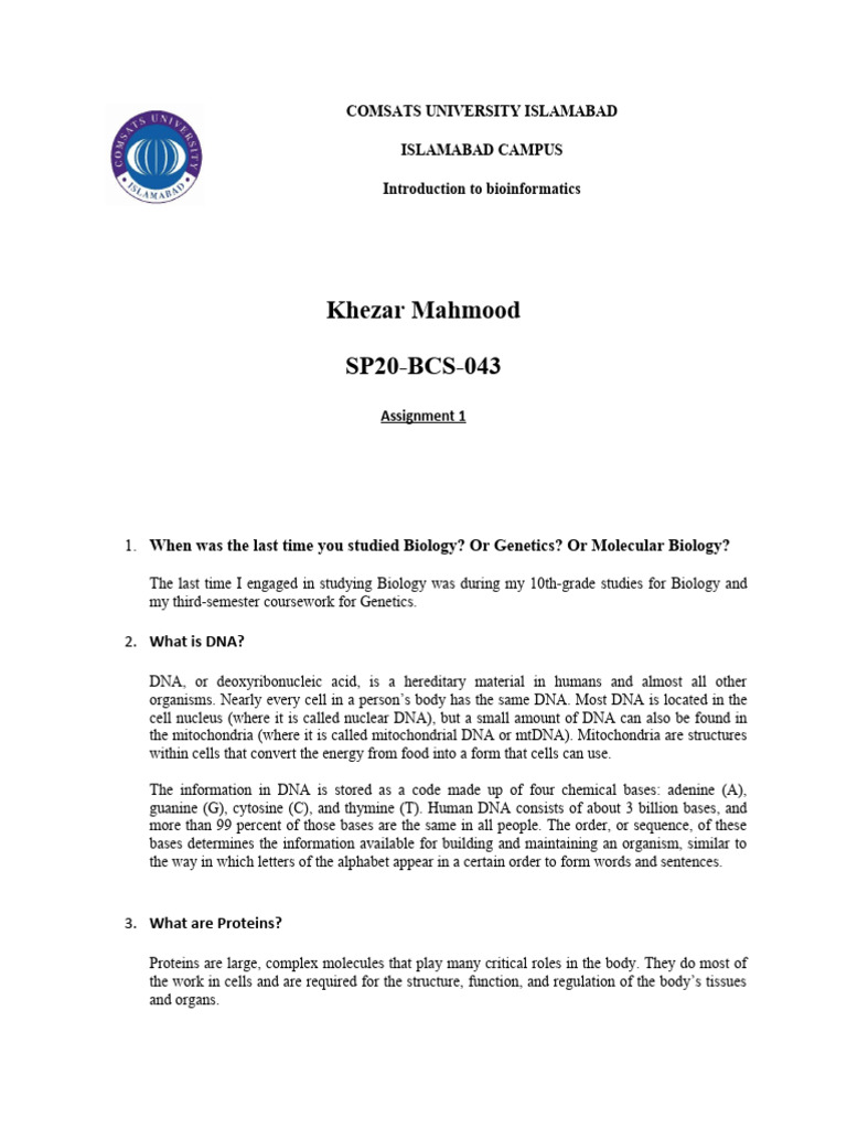 Assignment 1 | PDF | Dna | Bioinformatics Assignment 1 | PDF | Dna | Bioinformatics
