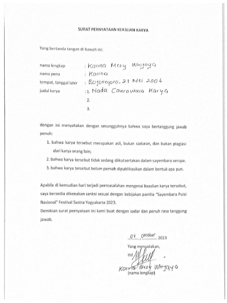 Surat Pernyataan Keaslian Karya FSY 2023 | PDF Surat Pernyataan Keaslian Karya FSY 2023 | PDF