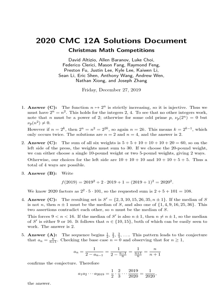 CMC 2020 12A Solutions | PDF | Mathematical Concepts | Elementary ...