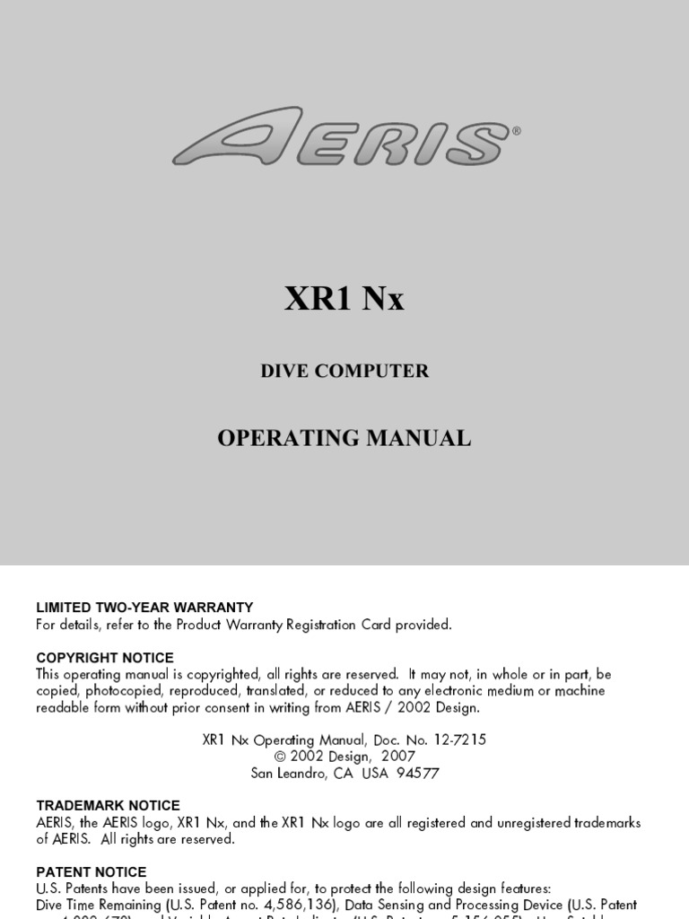 Aeris XR1 NX Dive Computer Manual | PDF | Scuba Diving | Underwater Diving