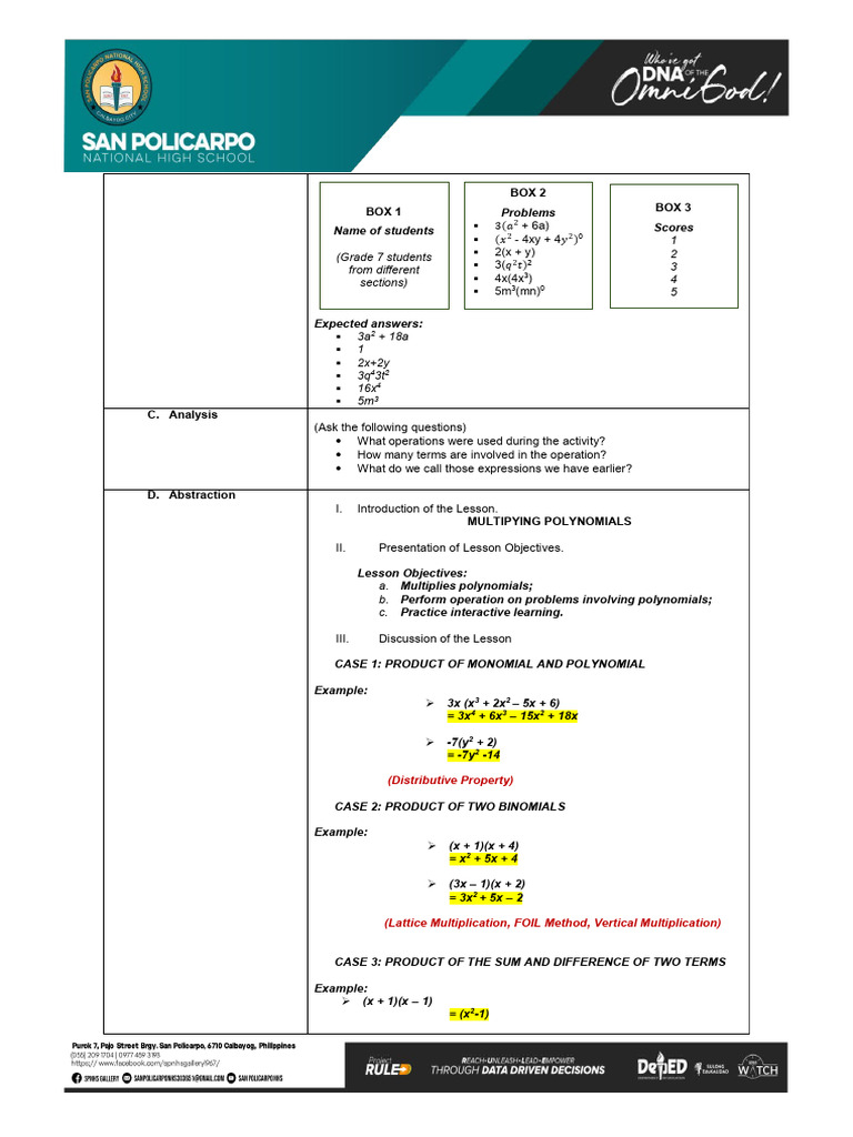 SPNHS Header and Footer | PDF | Polynomial | Multiplication