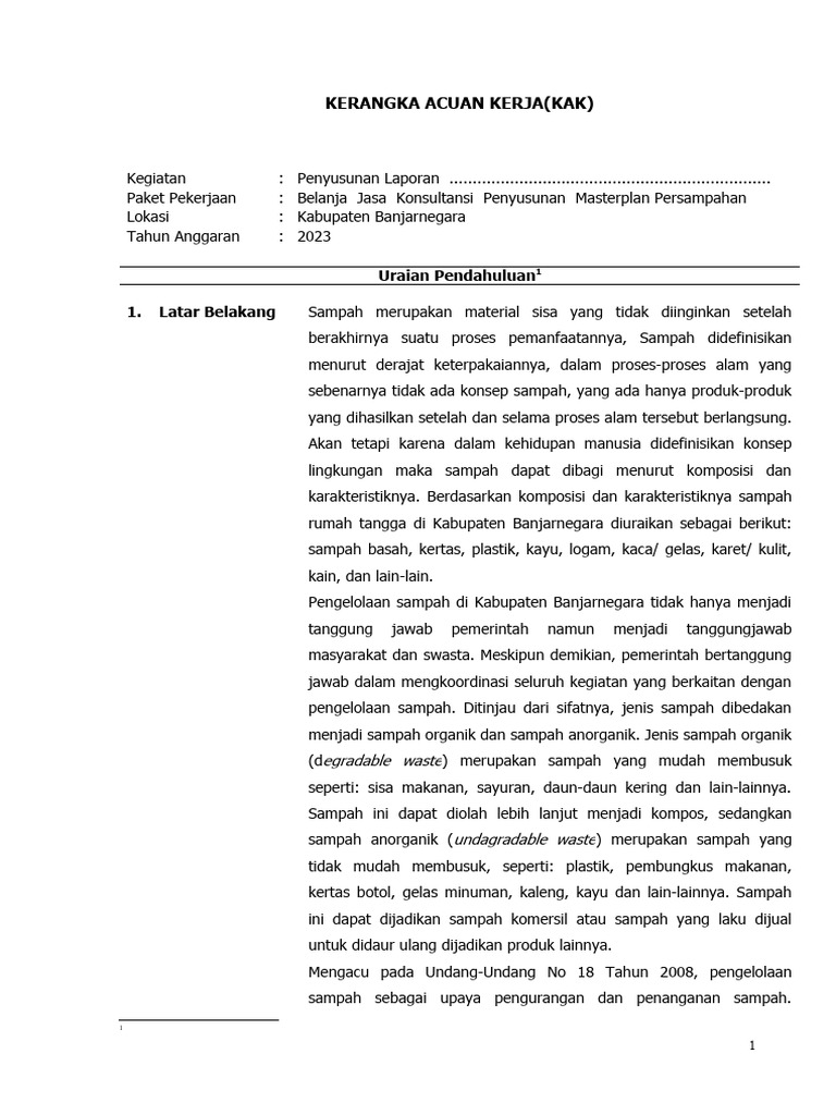 KAK Masterplan Persampahan Kabupaten Banjarnegara | PDF