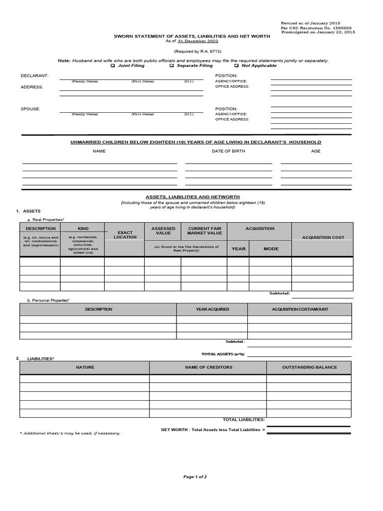 SALN 2022 Form 1 | PDF | Net Worth | Private Law