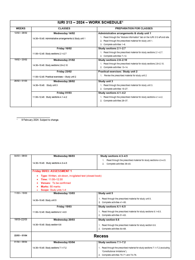 IURI 313 2024 Work Schedule Overview | PDF
