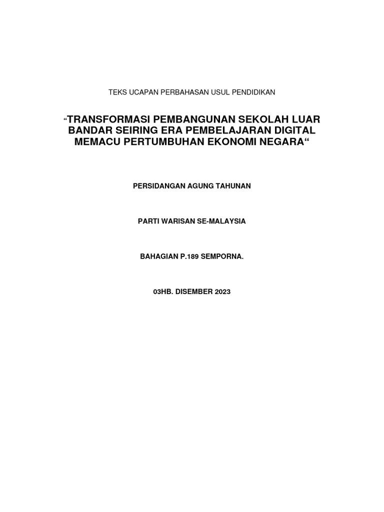 Teks Ucapan Perbahasan Usul Pendidikann2 | PDF