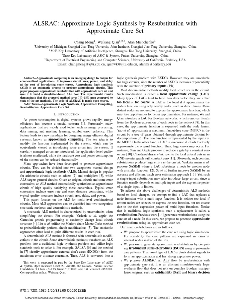 Alsrac Approximate Logic Synthesis By Resubstitution With Approximate Care Set Pdf Logic