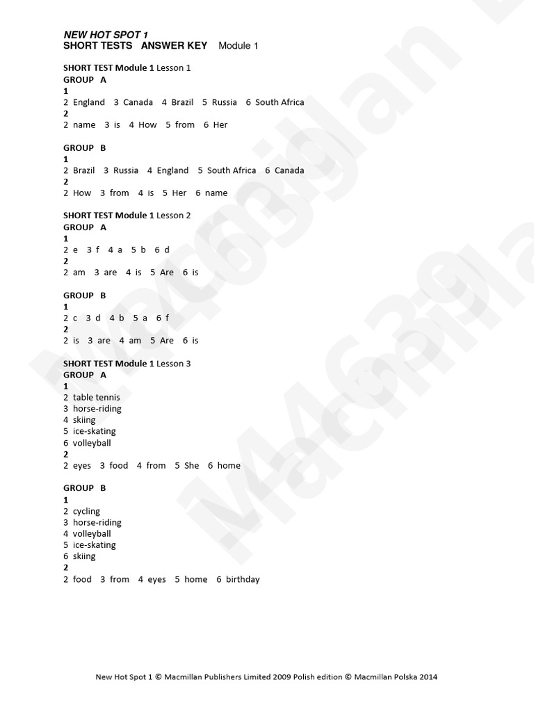 New Hot Spot 1 Module 1 Answer Key | PDF