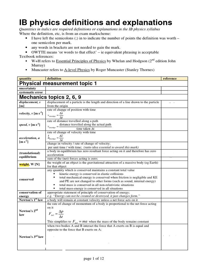 IB Physics Definitions | PDF | Gases | Momentum