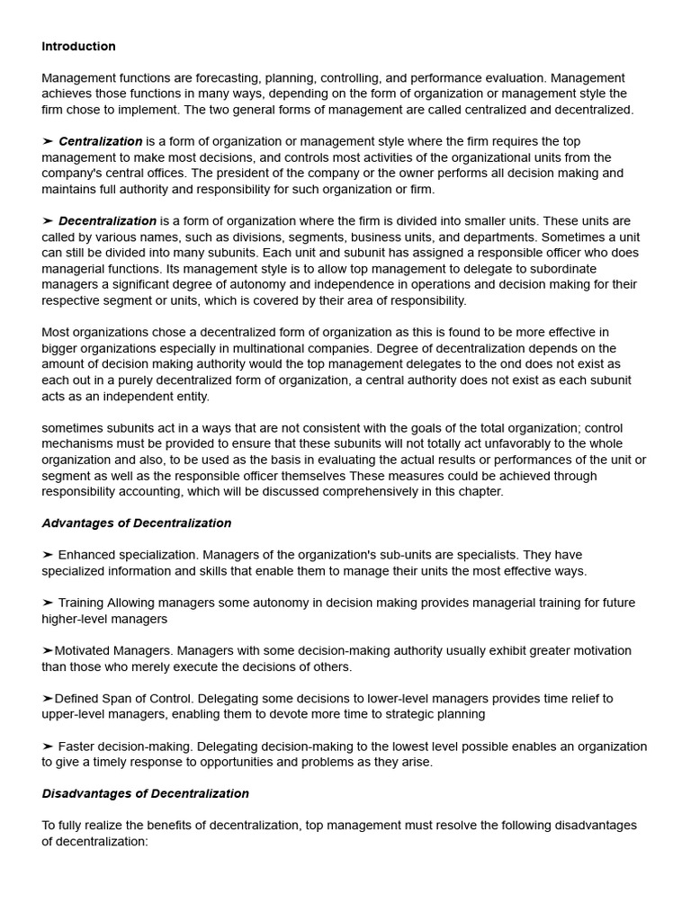 Chapter 9 Responsibility Accounting - Notes | PDF | Decentralization ...