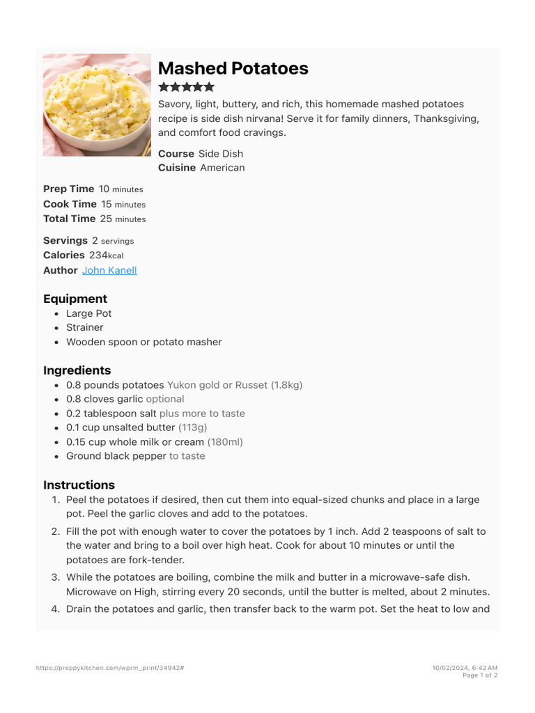 Mashed Potatoes - Preppy Kitchen | PDF | Fat | Potato