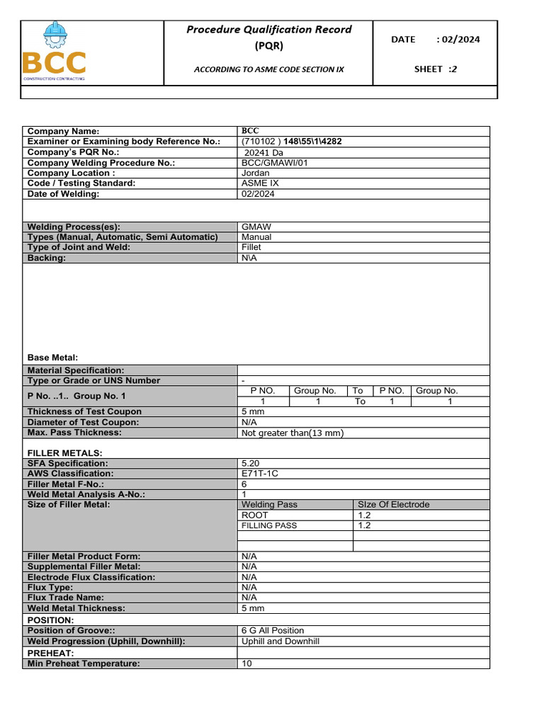 PQR- GMAW BCC (1) | PDF | Construction | Welding