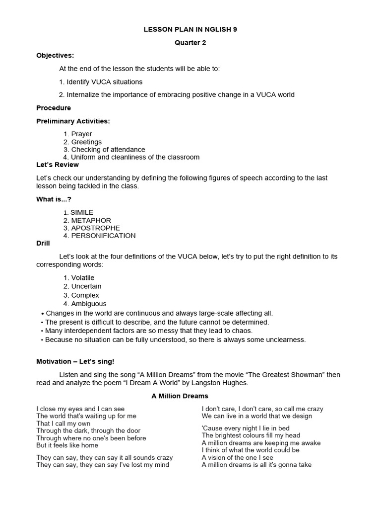 Grade 9 English Lesson Plan On VUCA | PDF | Dream | Cognition