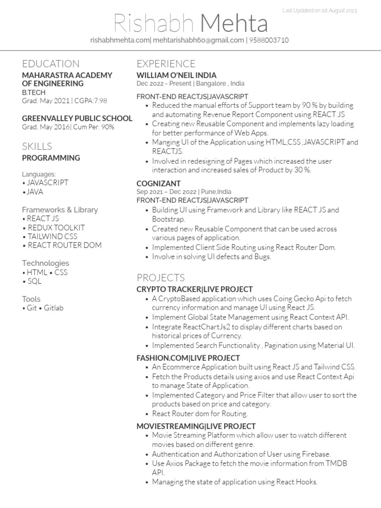 Rishabh Mehta Resume Updated | PDF | Java Script | Digital Technology