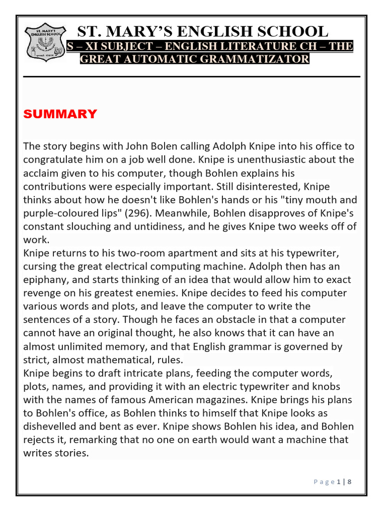 St. Mary'S English School: Class - Xi Subject - English Literature CH ...
