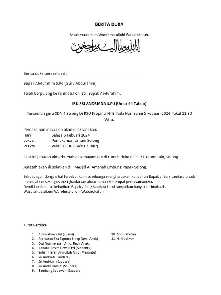 Contoh Surat Berita Duka | PDF