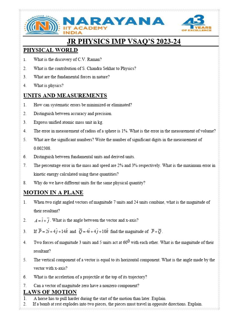 JR Physics Imp Vsaq's 2023-24 | PDF | Gases | Temperature