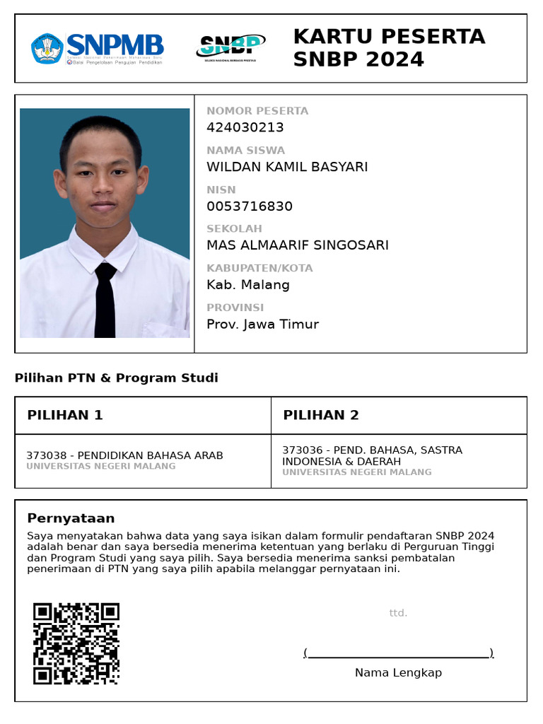 Kartu Peserta SNBP 2024 | PDF