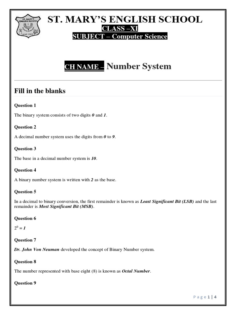 Class 11 Comp CH Numbers | PDF