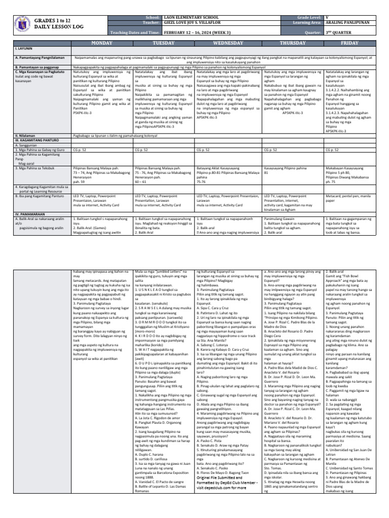 DLL - Araling Panlipunan 5 - Q3 - W3 | PDF