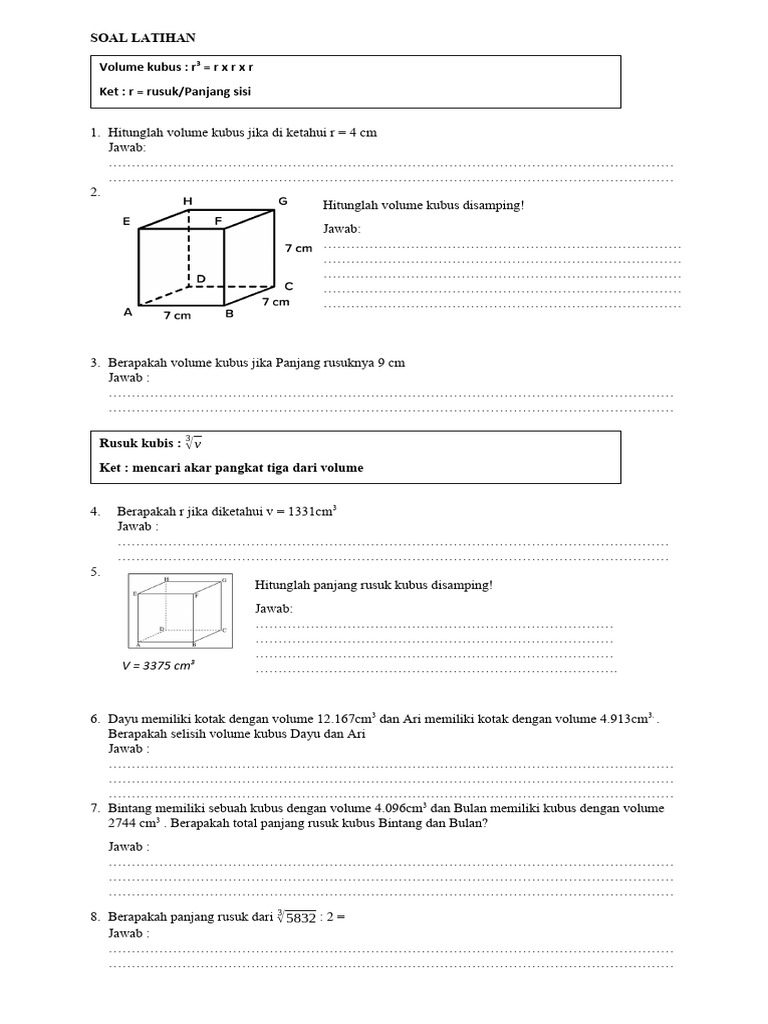 Volume dan Selisih Kubus dalam Soal Latihan | PDF