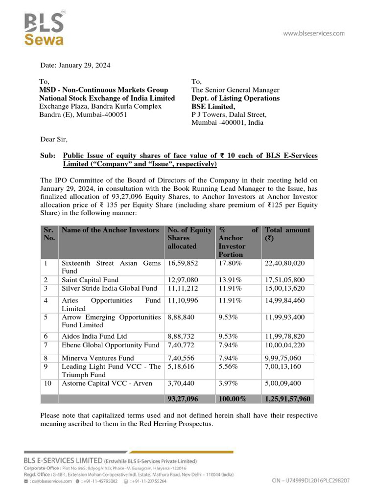 BLS E-Services IPO Anchor Allocation | PDF