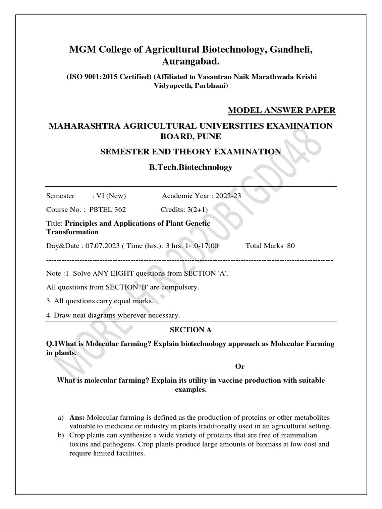 Model Answer Paper Pbtel 362. | PDF | Polymerase Chain Reaction | Plasmid