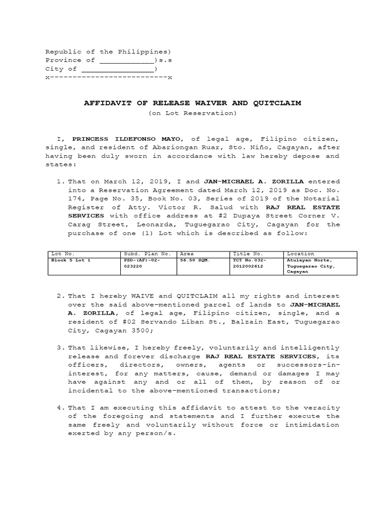 Affidavit of Release Waiver and Quitclaim Zorilla Mayo | PDF ...