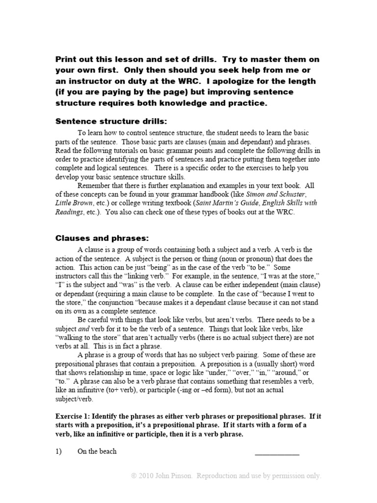 Sentence Structure Drills | PDF | Verb | Subject (Grammar)