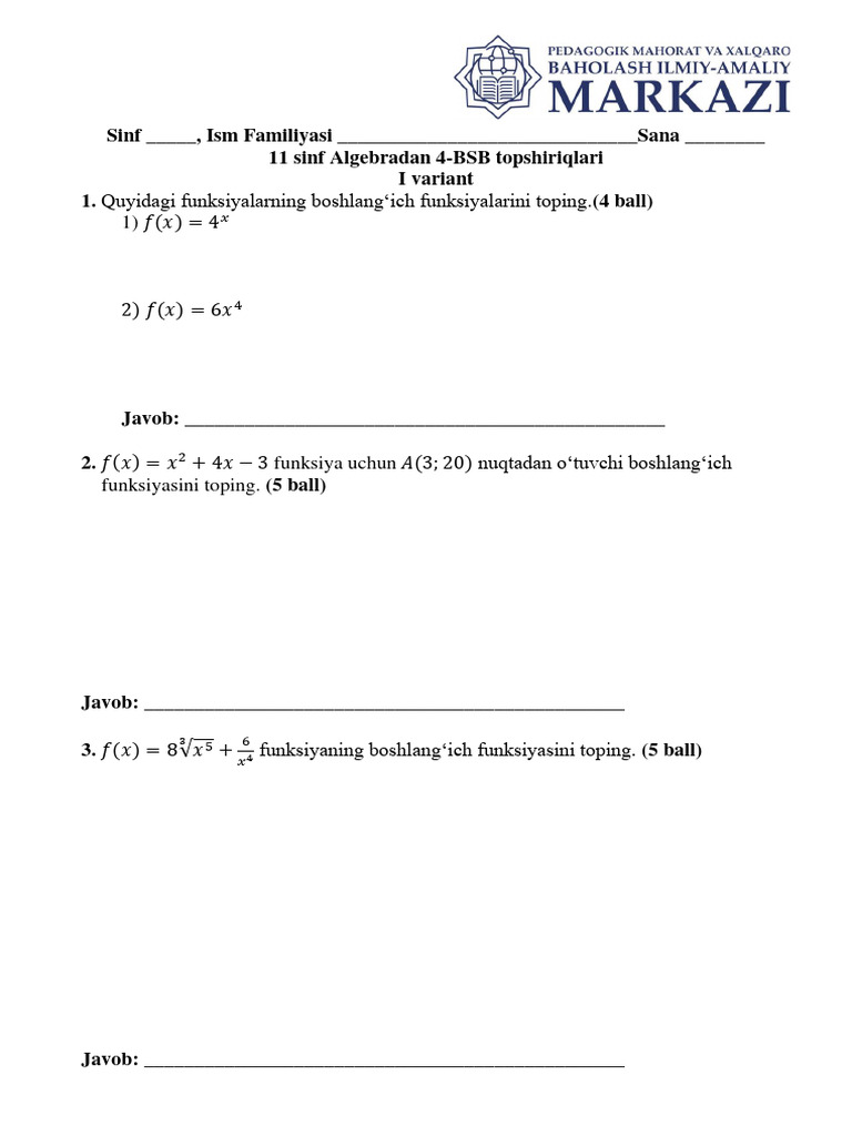 II Chorak. 11 Sinf 4-BSB Algebra Umumtalim I Variant | PDF