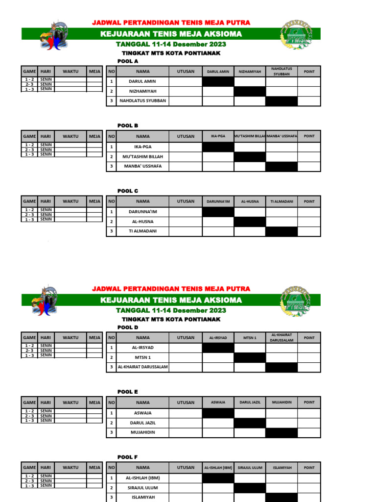 Jadwal Kejuaraan Tenis Meja MTS 2023 | PDF
