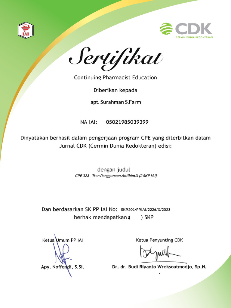 Certificate Tren Penggunaan Antibiotik 2 SKP | PDF