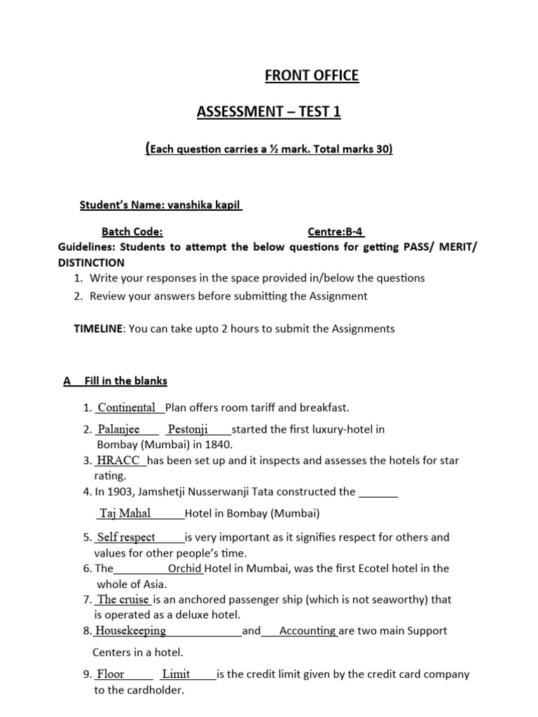 Vanshika Front Office Assignment 742 B-4 | PDF | Hotel | Payments