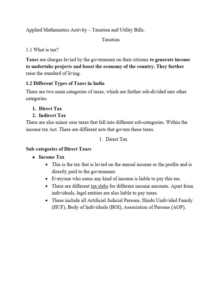 Applied Mathematics Activity - Taxation and Utility Bills | PDF