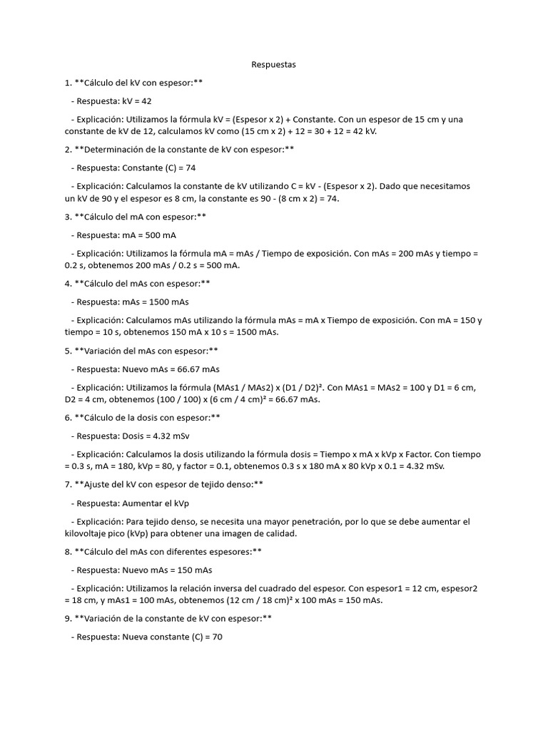 Cálculos de kV, mA y mAs por Espesor | PDF