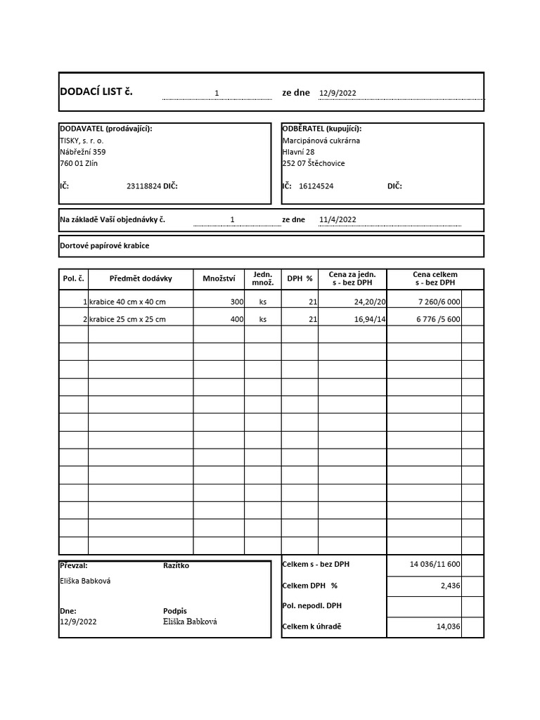 Dodací List Excel | PDF