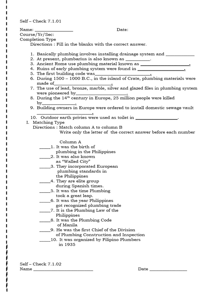 CTM7 Self Check 1 2 | PDF | Plumbing | Building Engineering