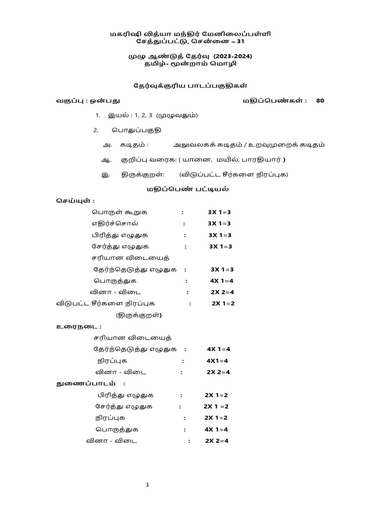 1X TH 3rd Lang. Annual Tamil Portion $ Blue Print New | PDF
