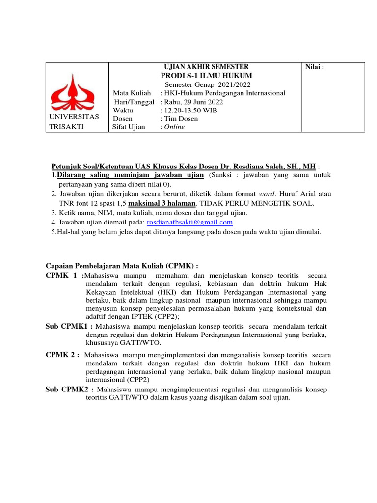 2 Uas Hki & Hdi Obe Seragam Genap 21-22 | PDF | Bisnis | Hukum