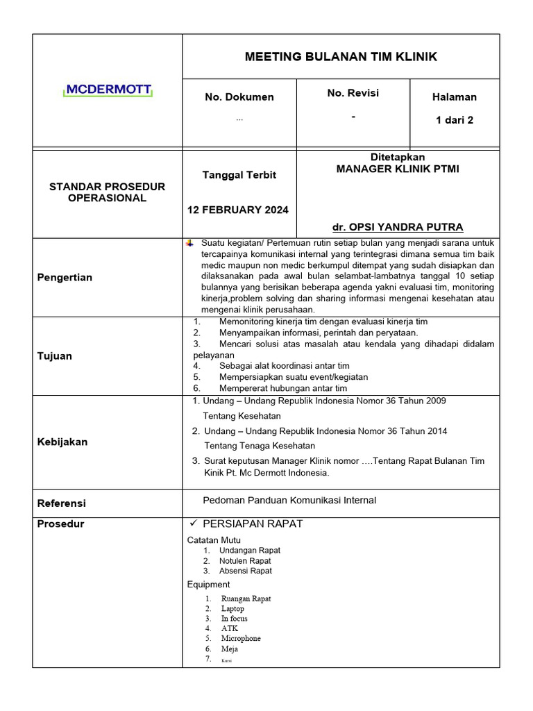 Spo Meeting Bulanan Tim Klinik Ptmi | PDF