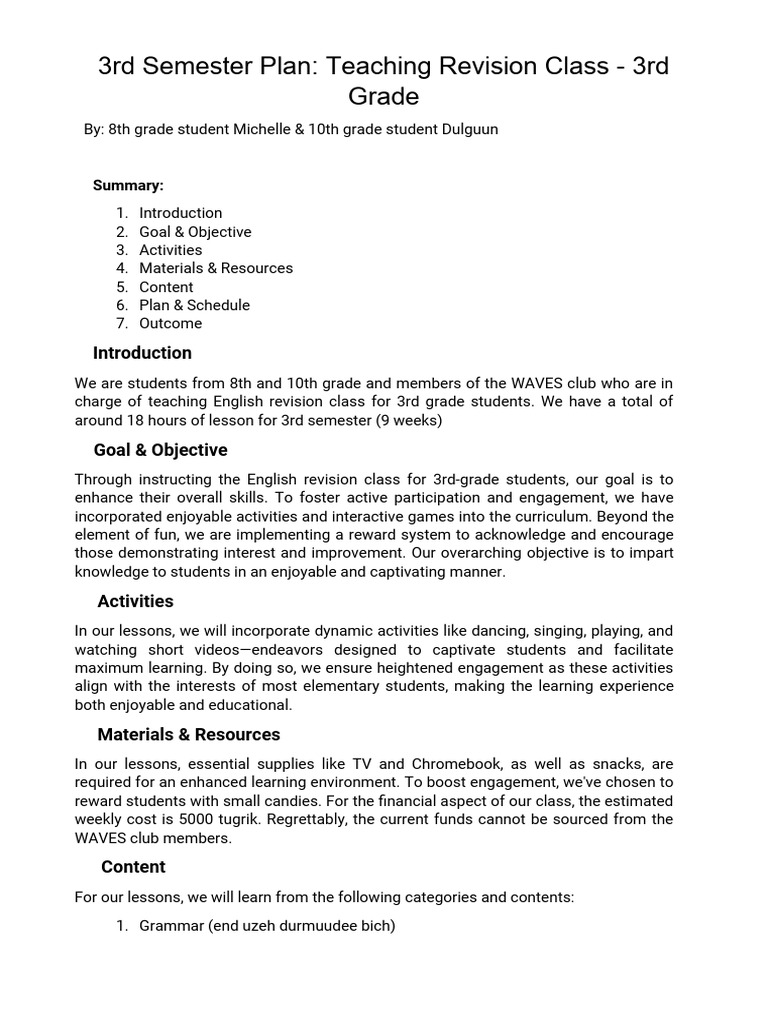 3rd Semester Plan For Revision Primary | PDF | Learning | Teaching