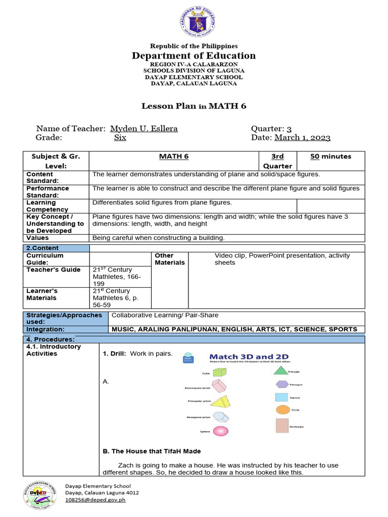 COT Q3 -MATH Solid and Plane Figures | PDF | Shape | Area