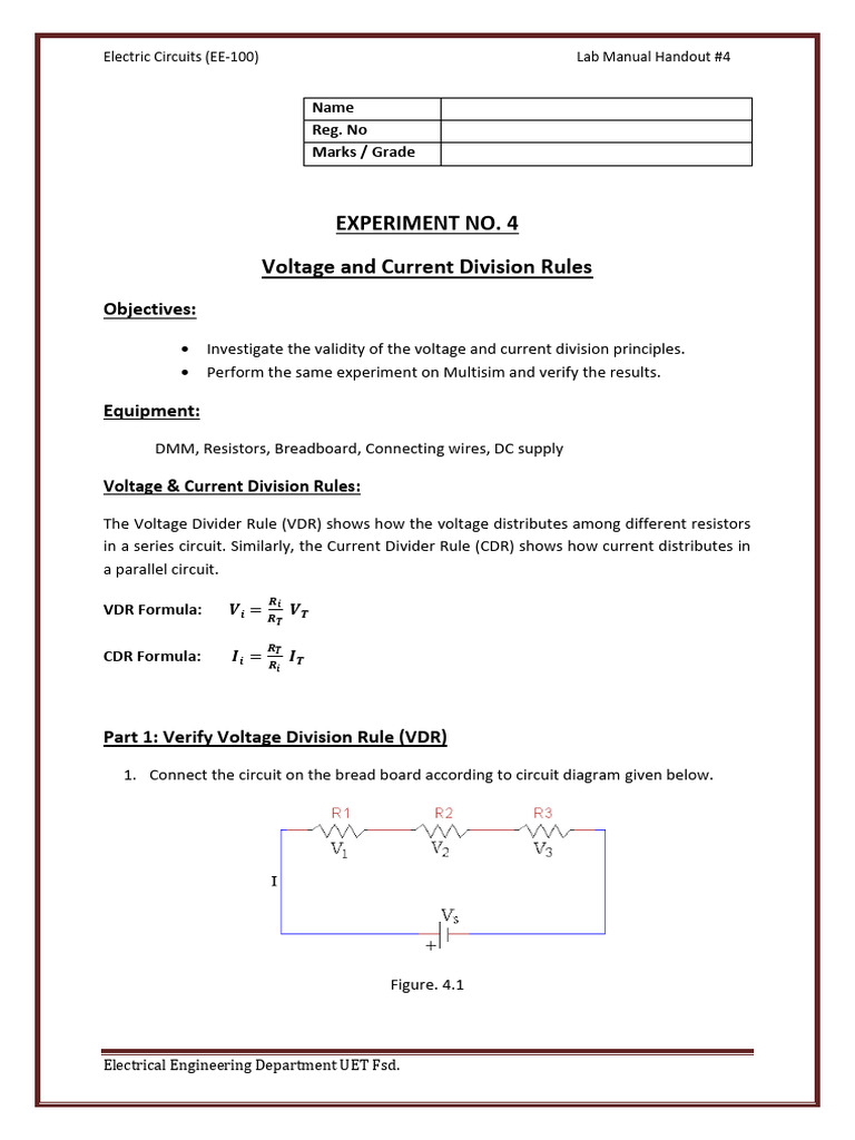 Lab 04 - Voltage and Current Division Rules | PDF | Series And Parallel ...