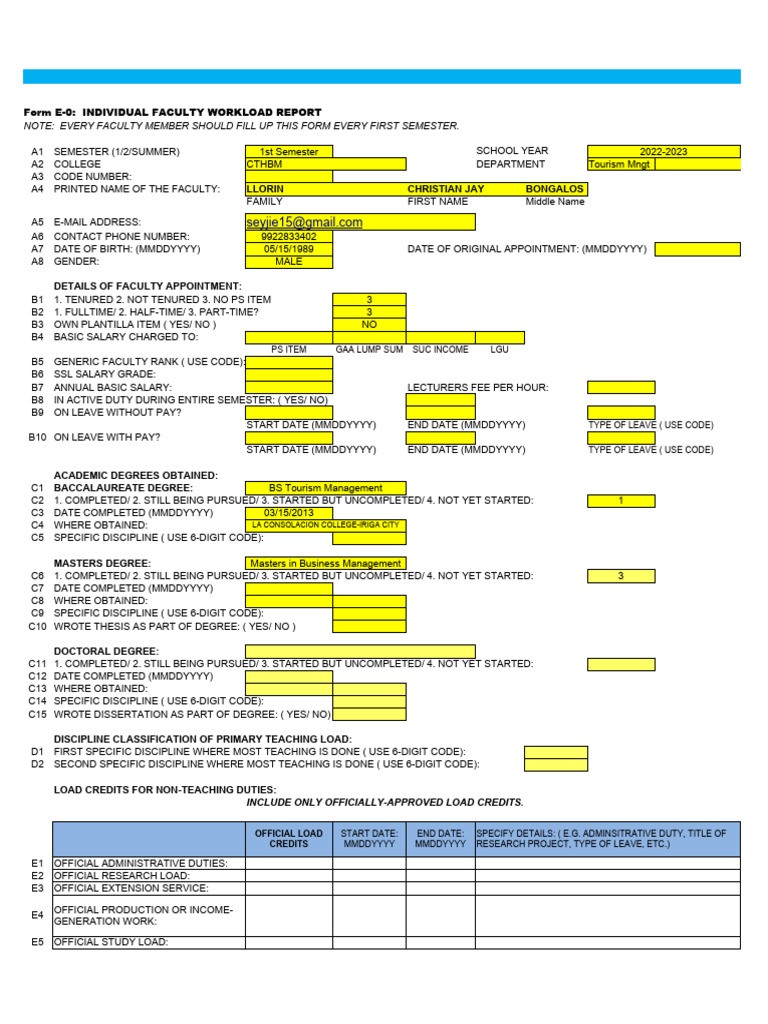E O Faculty Individual Faculty Workload Report Llorin Christian Jay Pdf Abstract