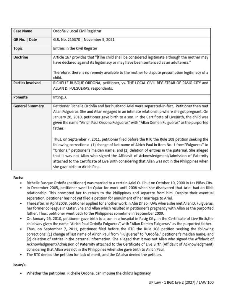 571 - Digest - Ordoña V Local Civil Registrar - G.R. No. 215370 ...