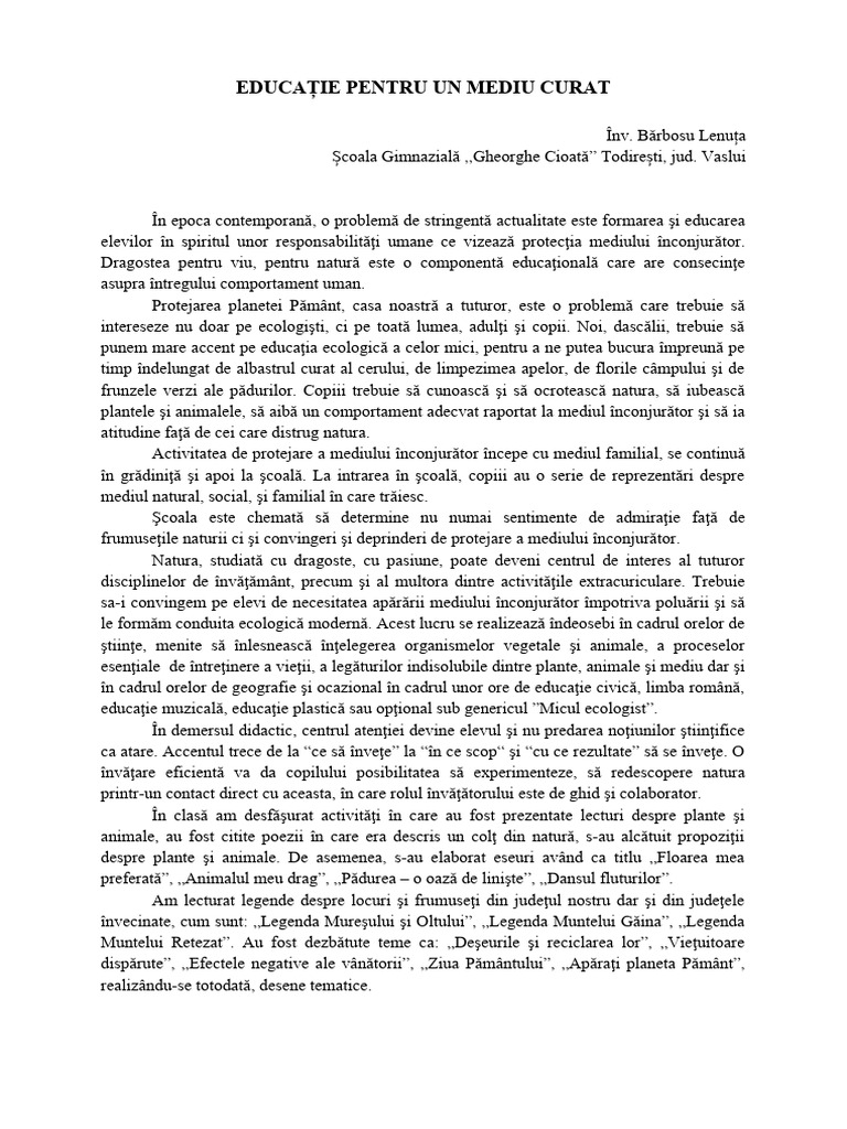 Educatie Pentru Un Mediu Curat | PDF