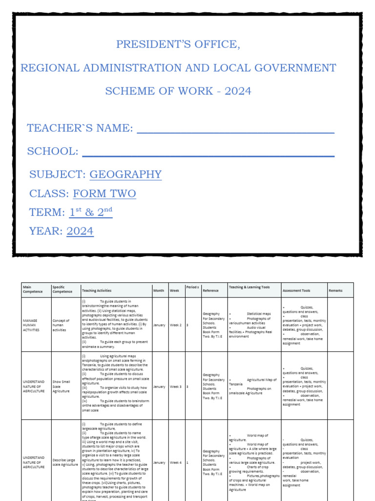 Geography Form Two 2024 | PDF | Teachers | Geography