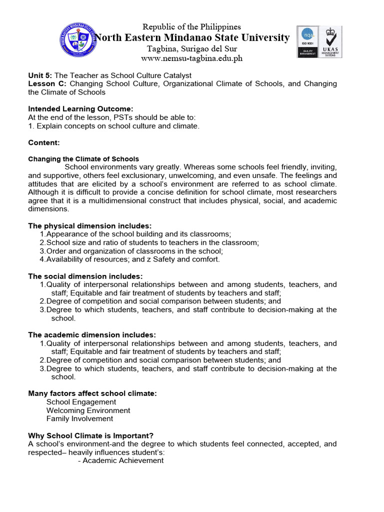Unit 5 Lesson C3 Changing The Climate of Schools | PDF | Teachers ...